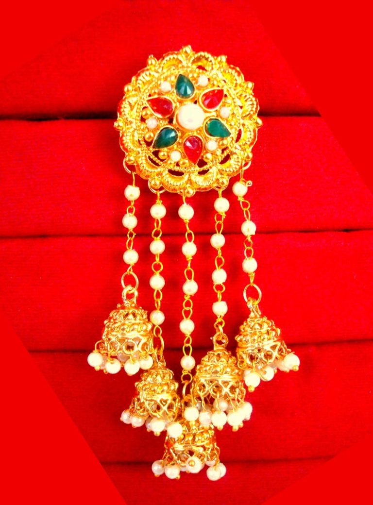 JM23 MultiColour Devsena Bahubali Pearl Kundan Jhumka Earring With Ear ...